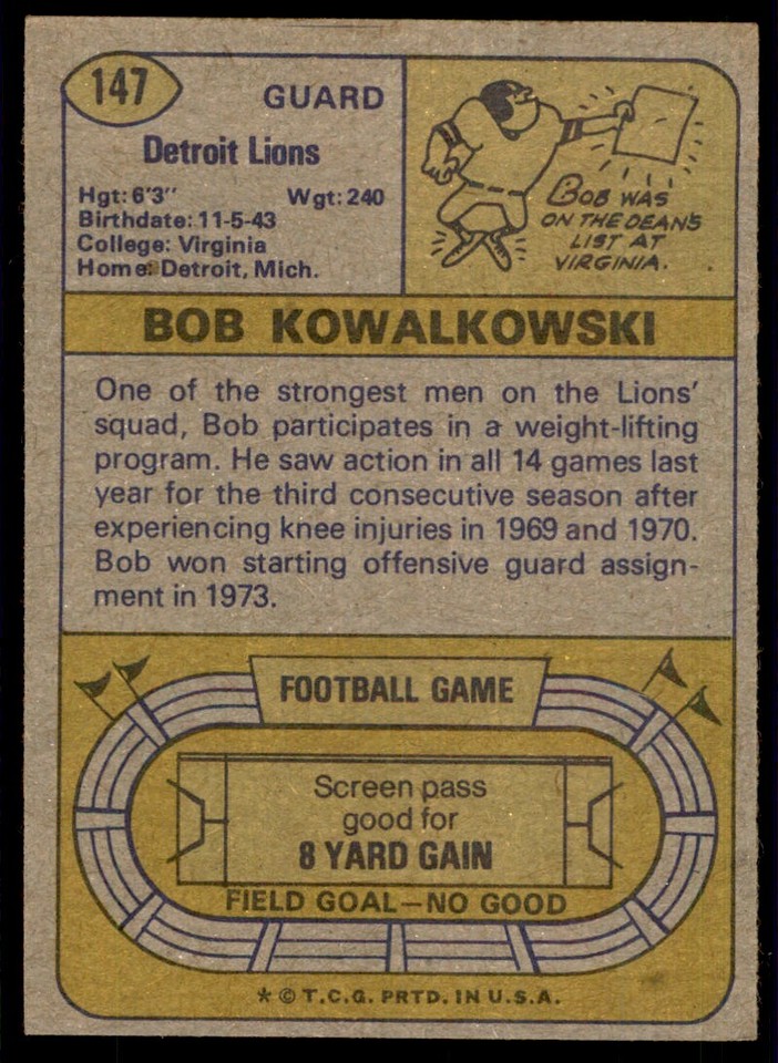 1974 Topps Bob Kowalkowski Football Card Detroit Lions #147 | eBay