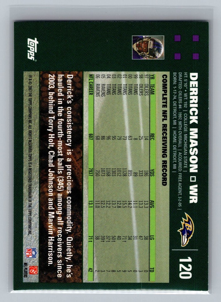 Derrick Mason 2007 Topps #120 Baltimore Ravens C28 | eBay
