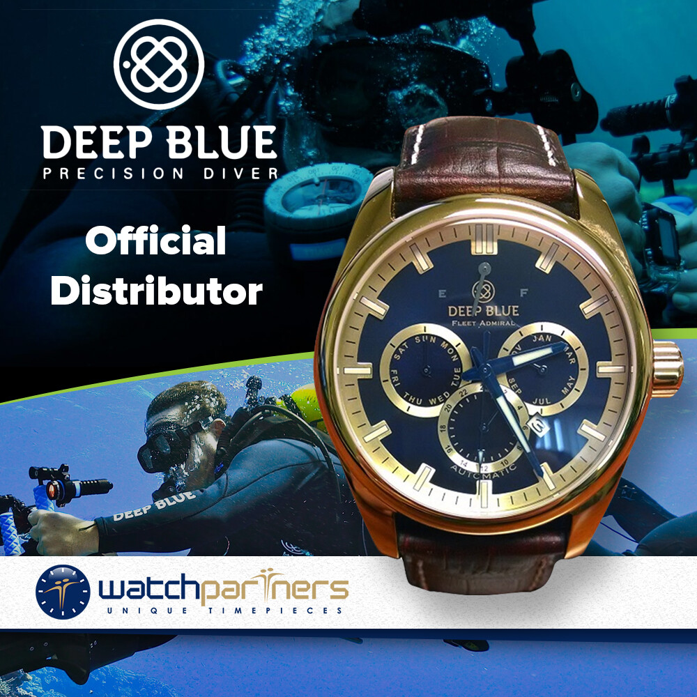 DEEP BLUE FLEET ADMIRAL WATCH AUTO FULL CALENDAR 100m WR GOLD CASE ...