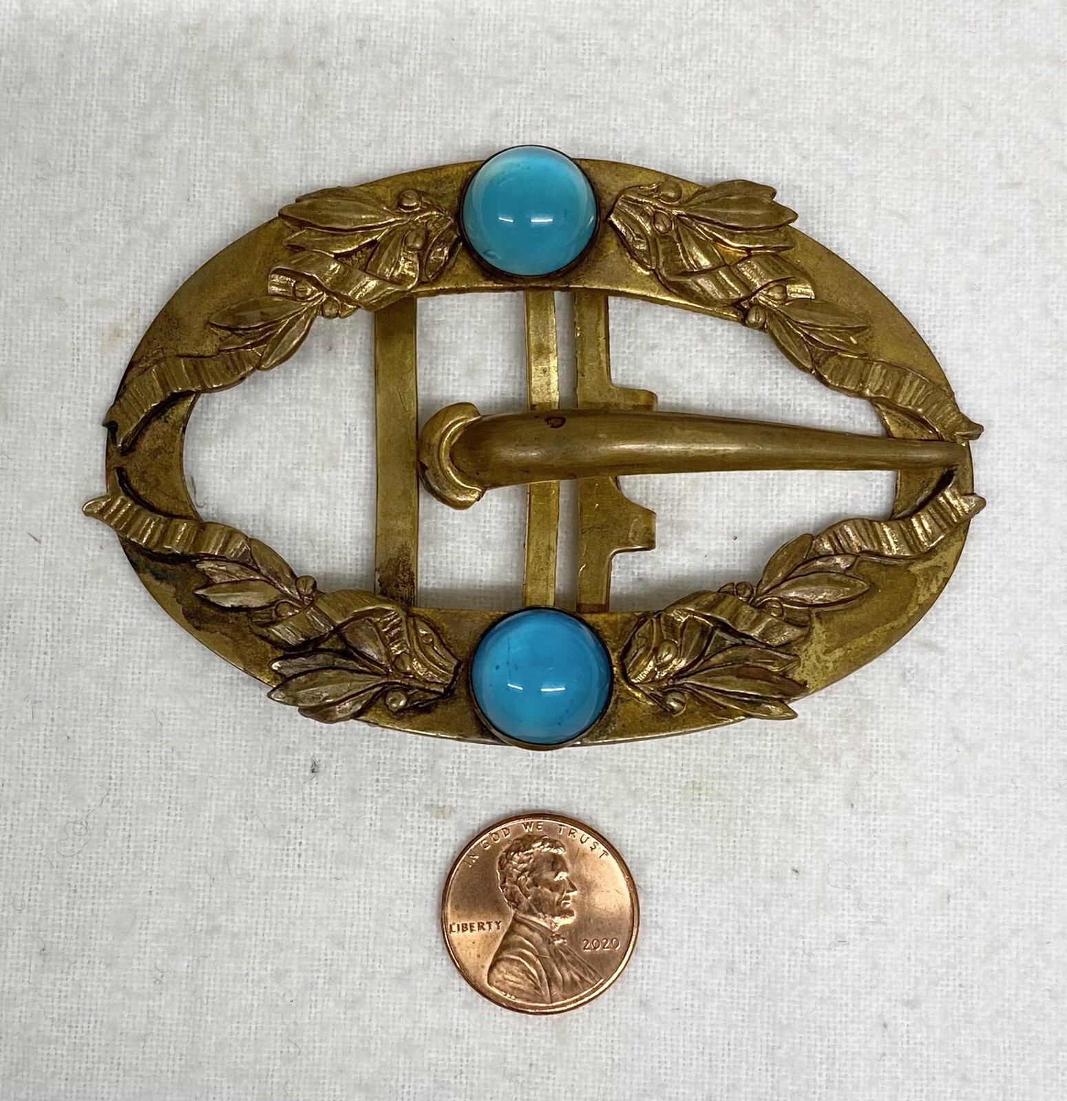 Antique Victorian Belt Buckle Goldtone Glass Cabochon - Gem