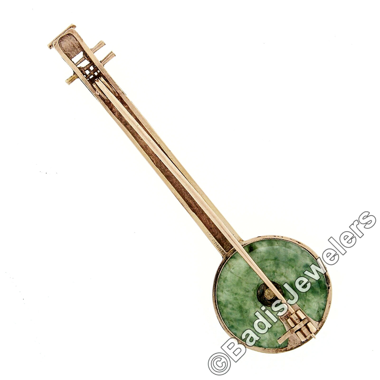 Antique 14k Yellow Gold 16.3mm Round Circle Marbled Green Jade Banjo ...