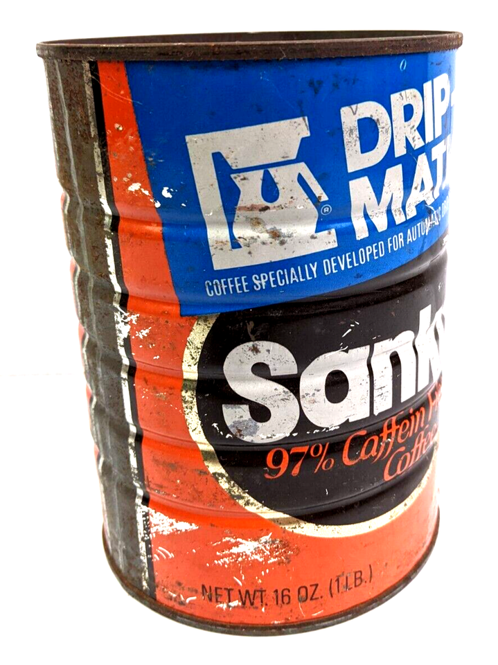 Vintage Sanka 16oz Coffee Can Blue Orange Drip-matic 97% Caffeine free ...