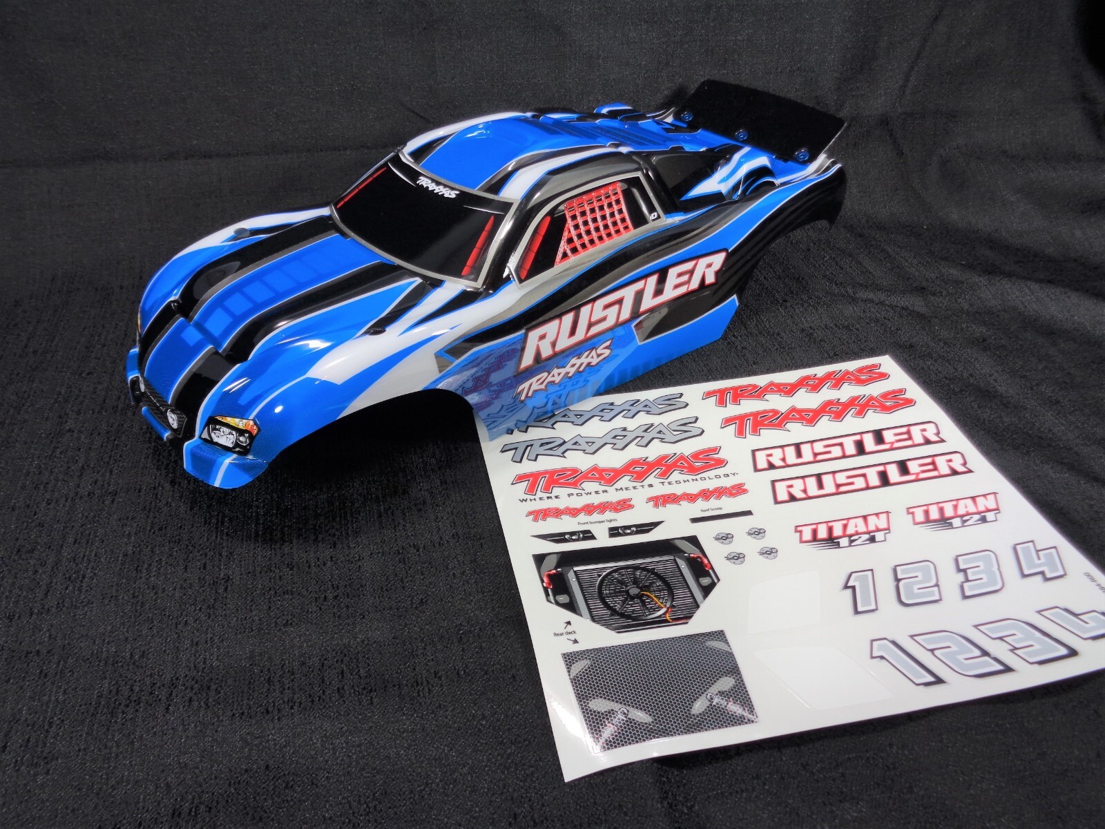 New Traxxas Rustler XL-5 Painted Body Shell Blue Black White and Decals ...