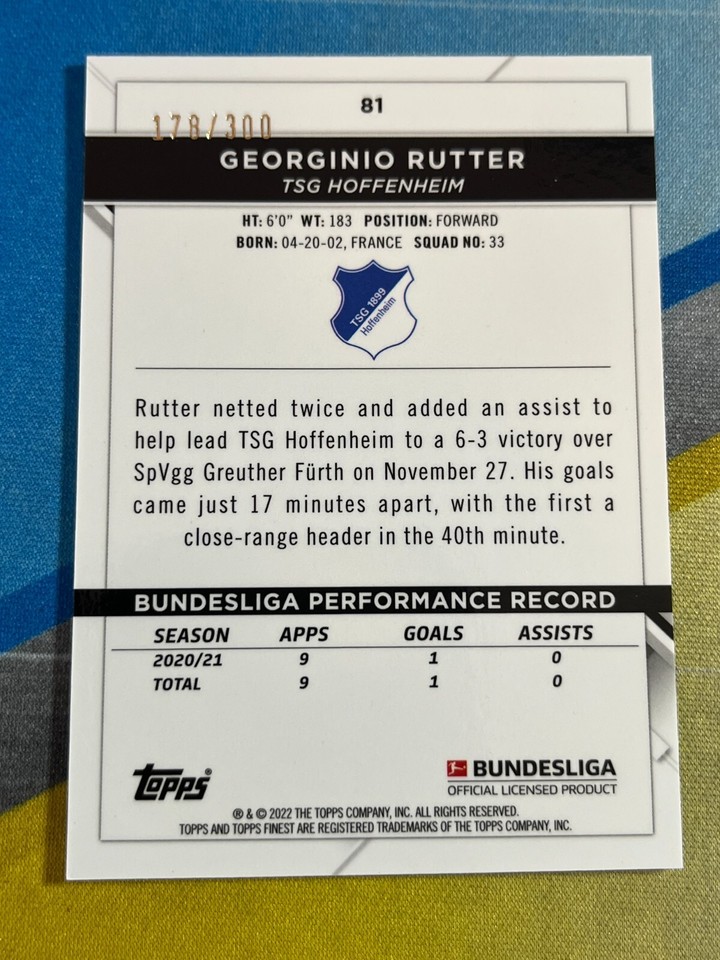 2021-22 Topps Finest Bundesliga GEORGINIO RUTTER Rookie Pink Refractor ...