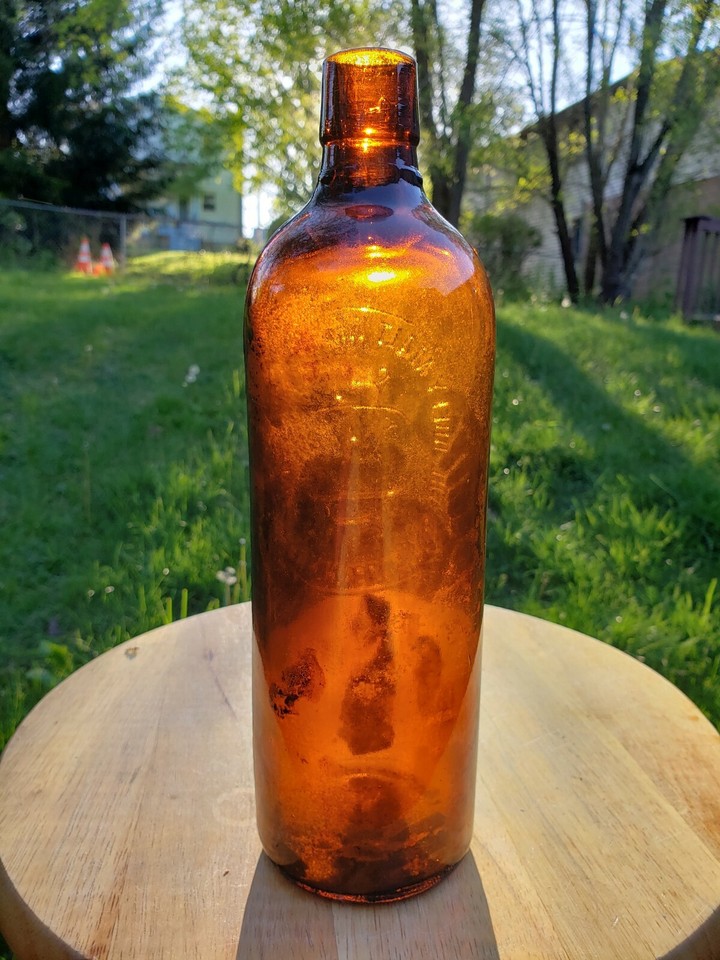 Antique Duffy Malt Whiskey Amber Glass Bottle Embossed w/ Partial Label ...