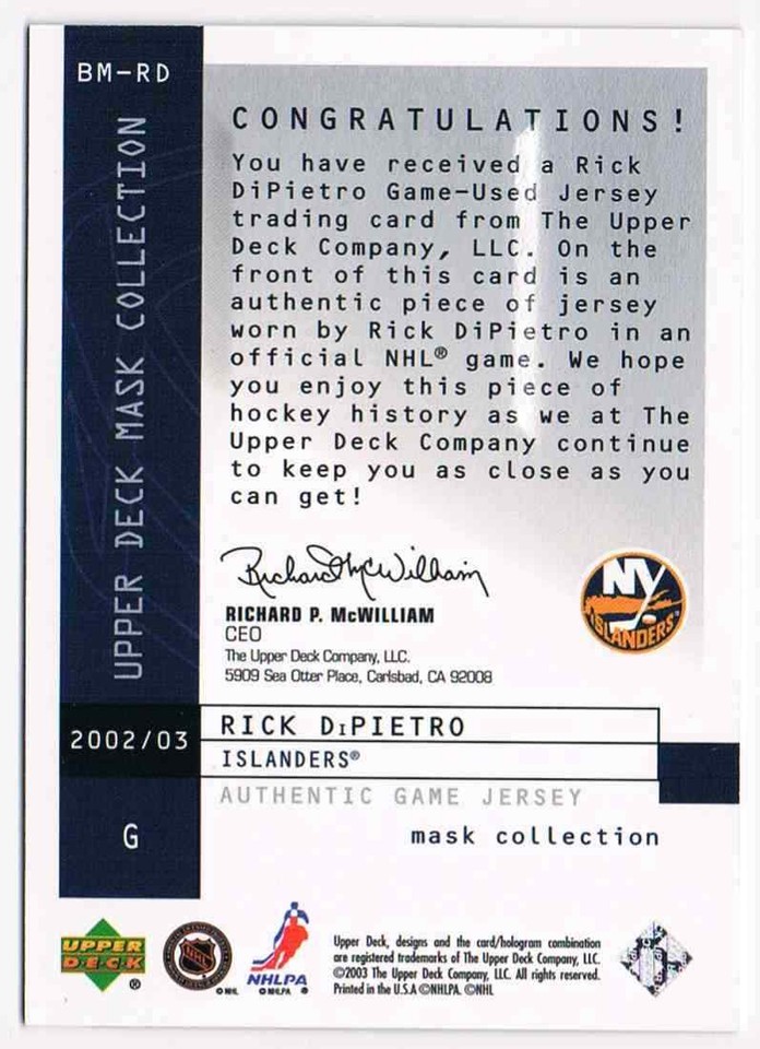 2002-03 UD MASK COLLECTION BEHIND THE MASKED RICK DIPIETRO JERSEY 1 ...
