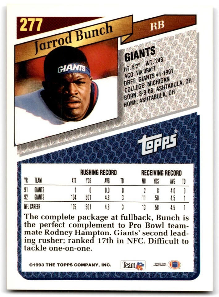 1993 Topps Jarrod Bunch New York Giants #277 | eBay
