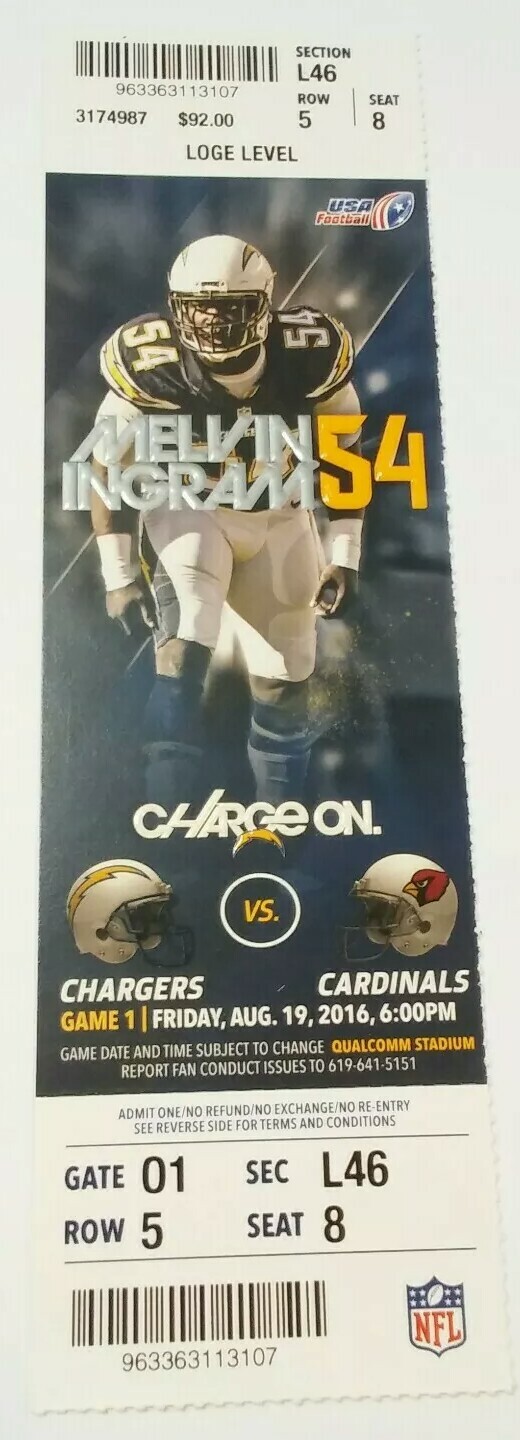 2016 Arizona Cardinals San Diego Chargers NFL Football Ticket Los ...