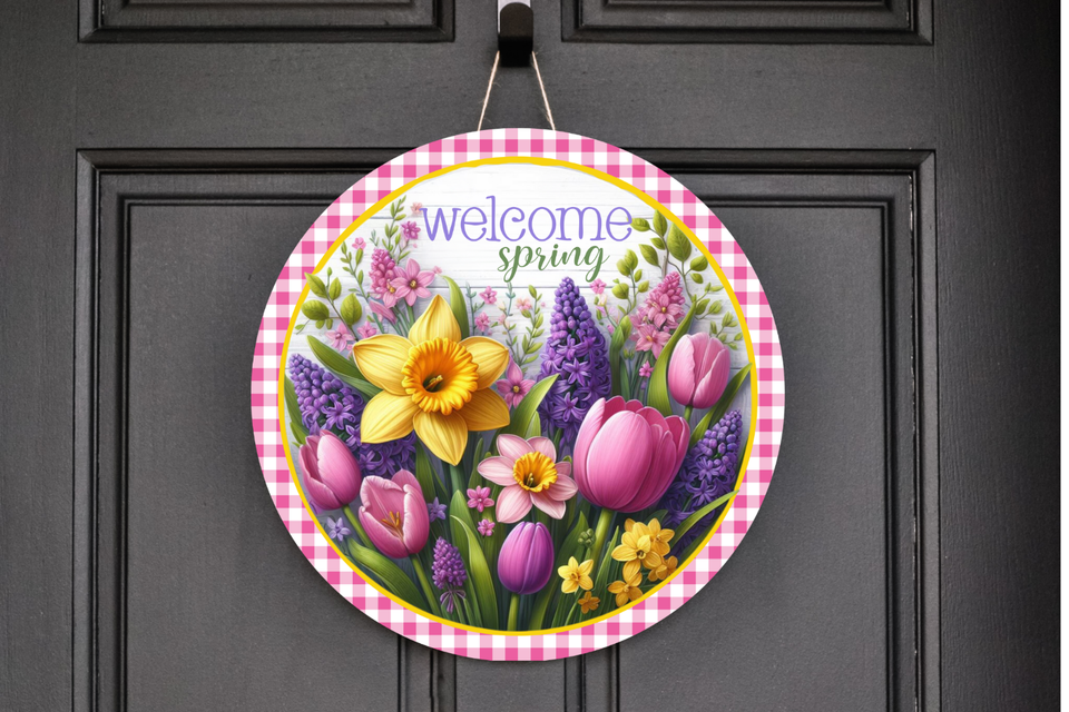 Welcome Spring Tulips Metal Wreath Sign- Round Metal Sign- Wreath ...