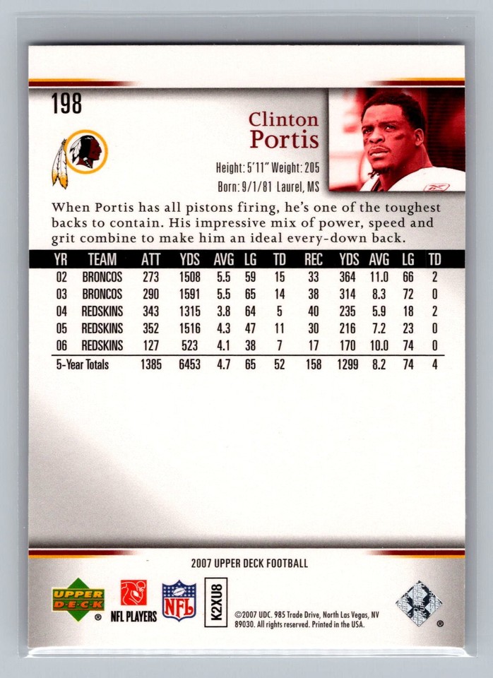 Clinton Portis 2007 Upper Deck #198 Washington Redskins C28 | eBay