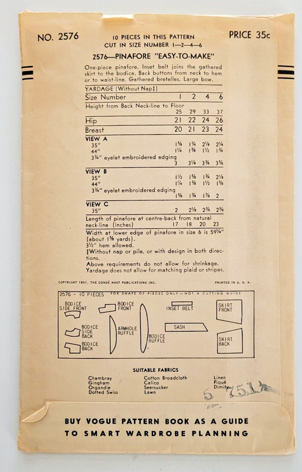 50s Vogue Sew Pattern 2576 Girls Pinafore Dress Ruffles Back Tie Sz 4 ...