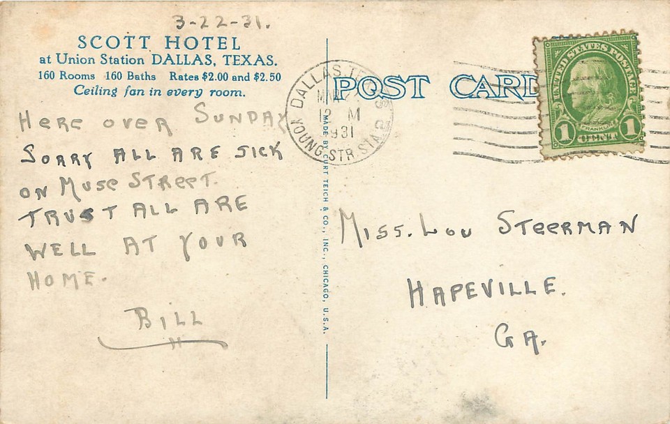 Texas, TX, Dallas, Scott Hotel 1931 Postcard | eBay