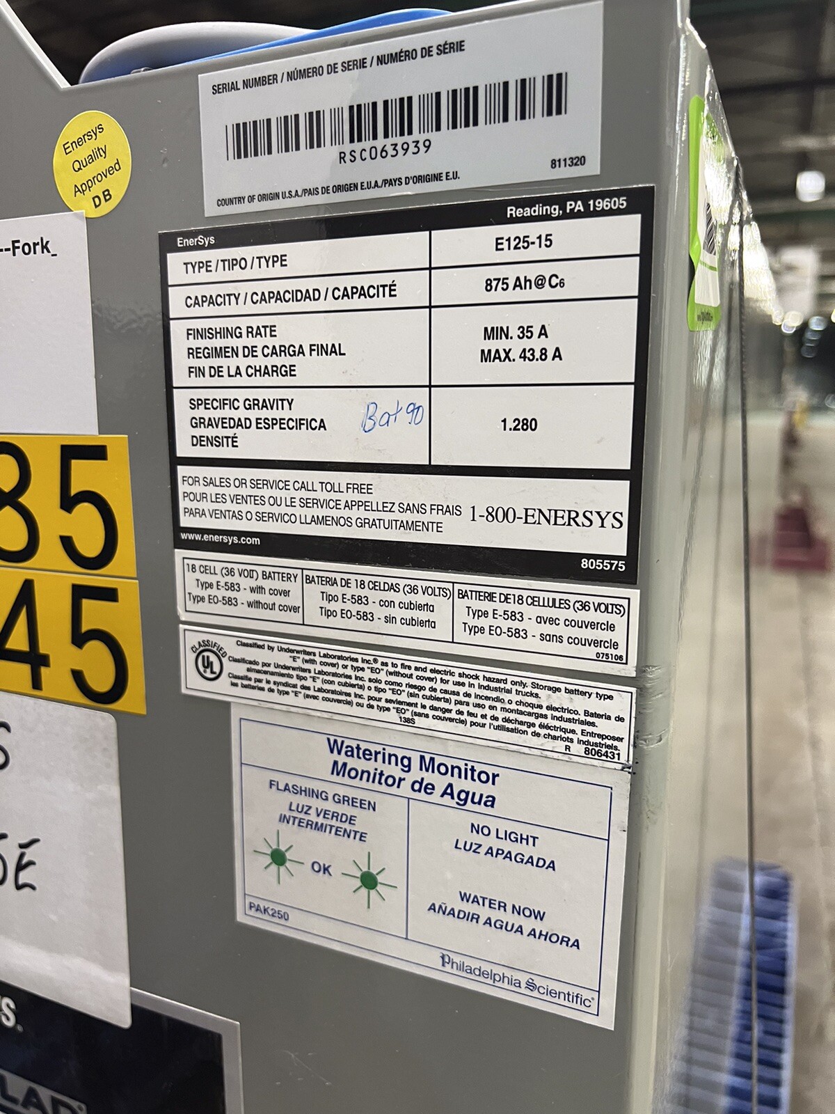 Enersys E125-19 Ironclad Workhog Forklift Battery 18-Cells 36V ...