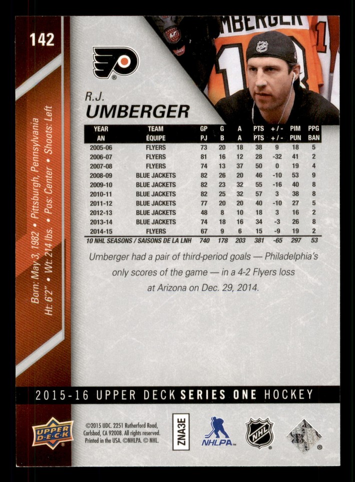 2015 Upper Deck R.J. Umberger 142 Philadelphia Flyers | eBay