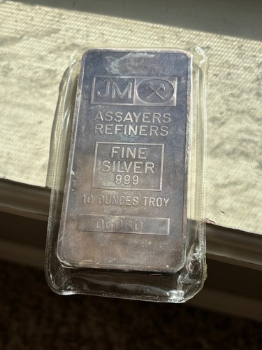 10 Troy Oz JM Silver Bar .999 Fine Silver Assayers Refiners Ten Ounces ...