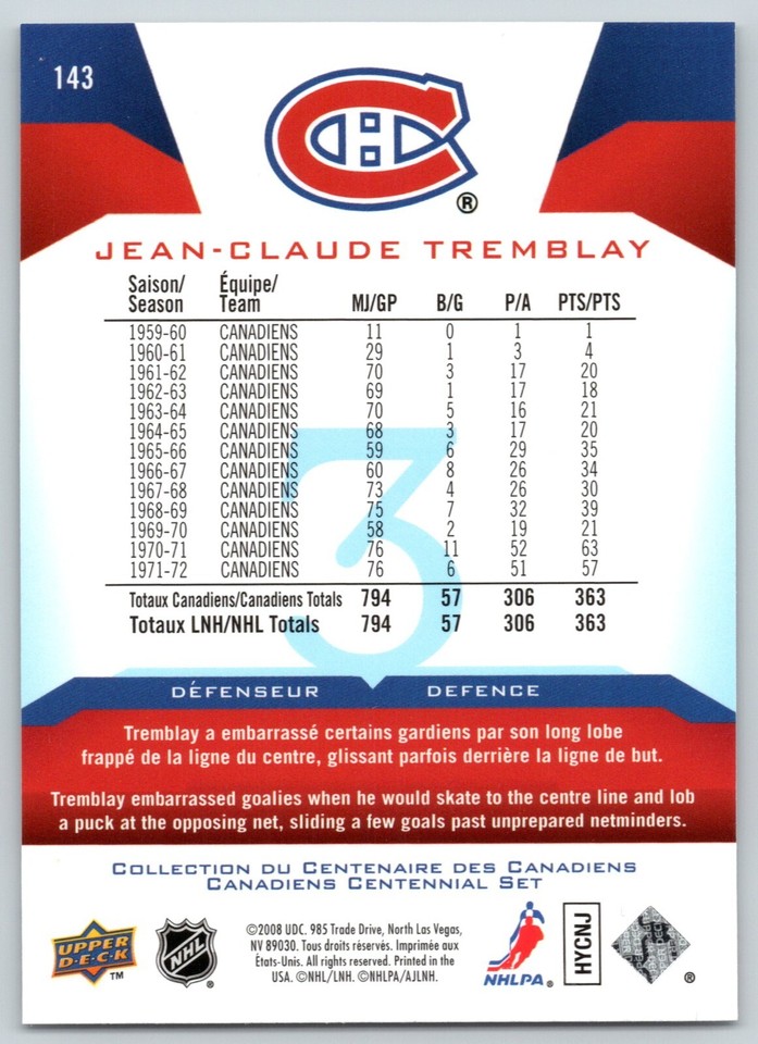 J.C. TREMBLAY 2008-09 UPPER DECK MONTREAL CANADIENS CENTENNIAL NO 143 ...