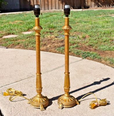 2 Vintage Berman 25" Table Lamps Footed Gold Candlestick MCM Hollywood ...