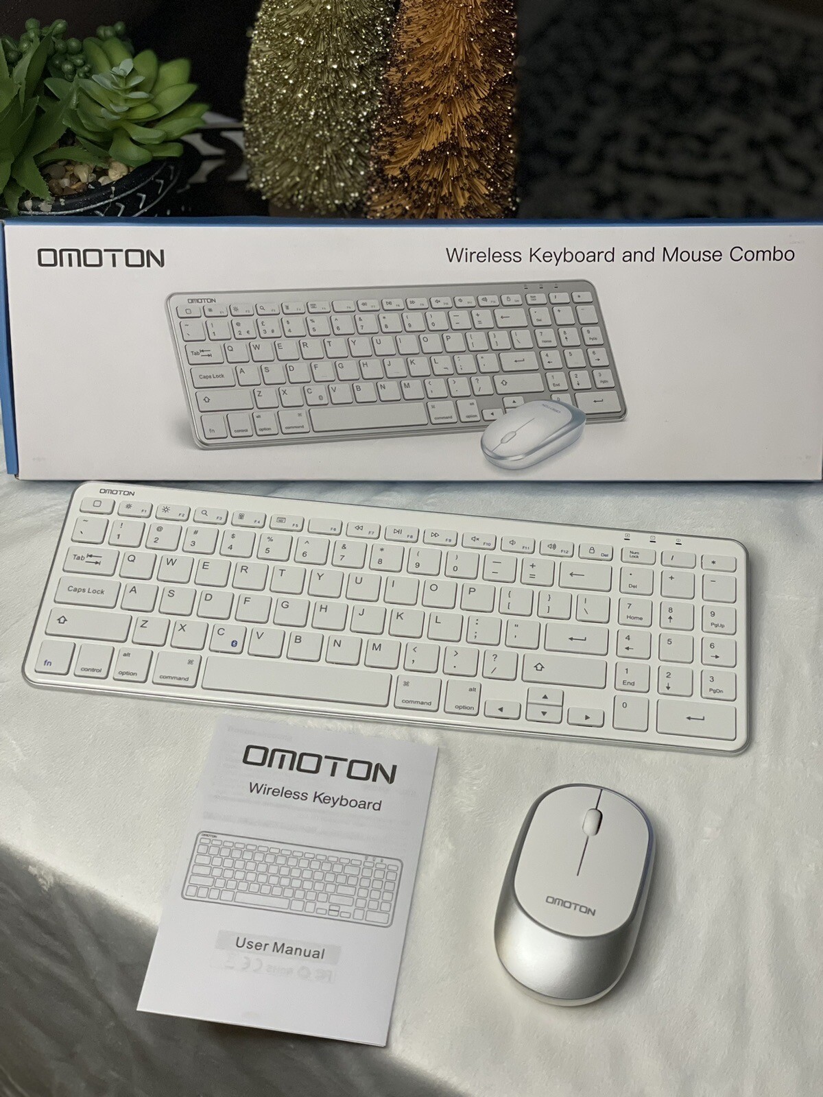 OMOTION Silver and White Wireless Bluetooth Keyboard and Mouse Combo ...