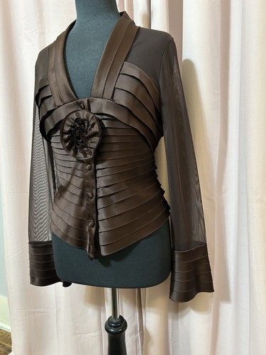 JS Collections Women’s Size 12 Top Brown Satin & Sheer Mesh Stretch ...