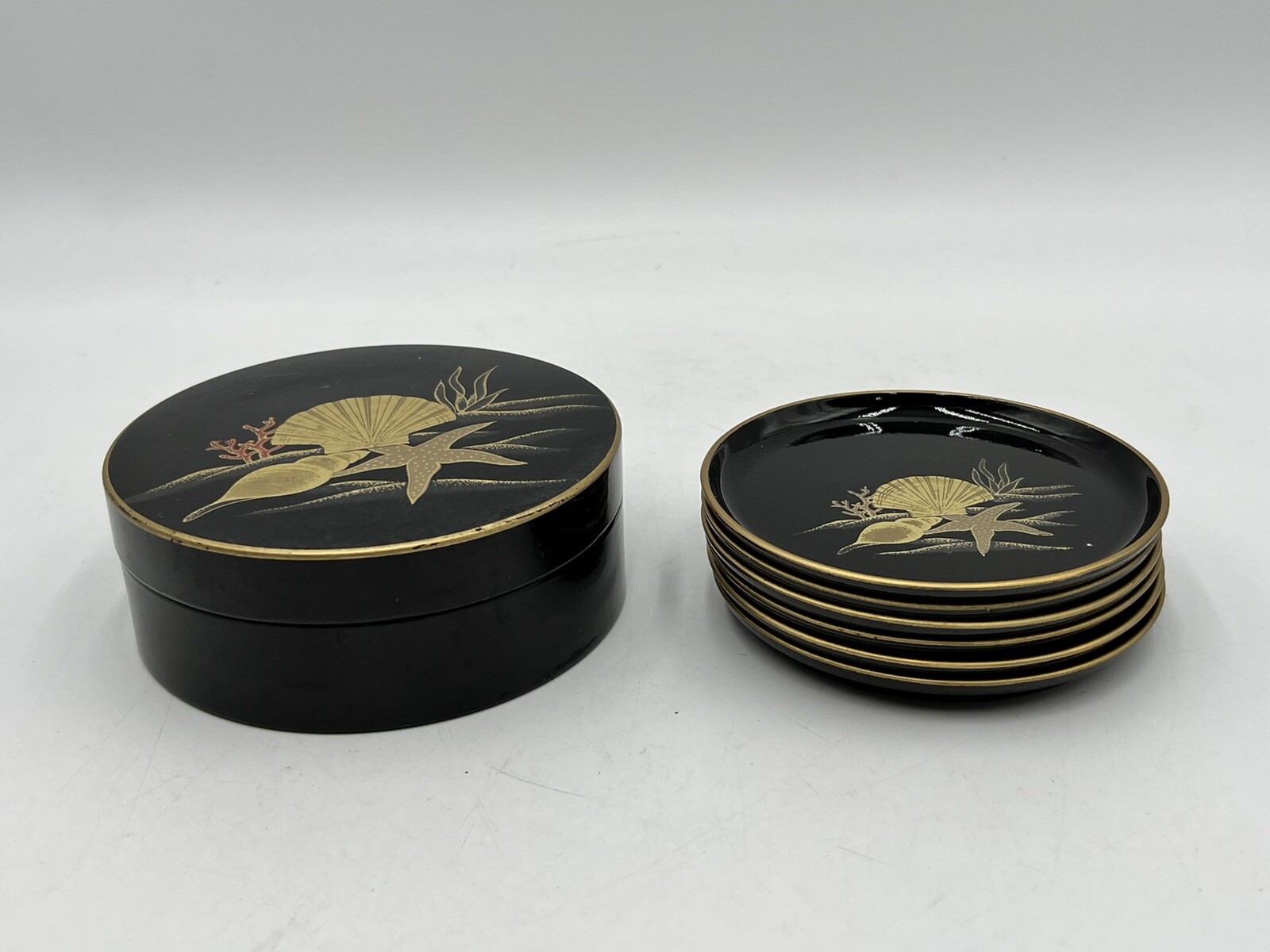 Otagiri Black Lacquer Ware Round Coasters Seashells Set of 6 in ...