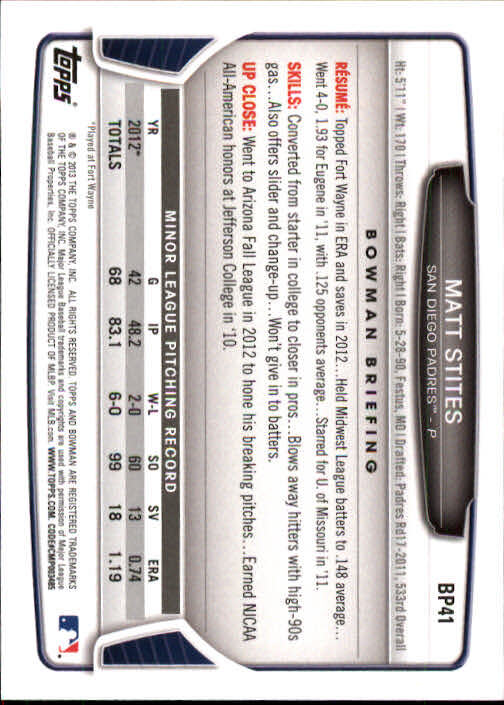 2013 (PADRES) Bowman Prospects #BP41 Matt Stites | eBay