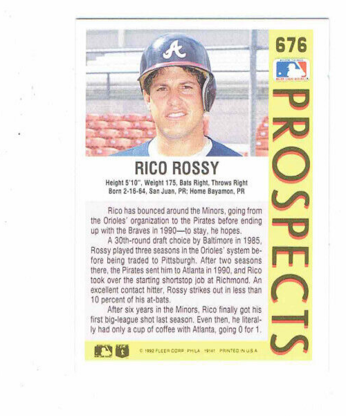 Rico Rossy Altanta Braves Prospects SS #676 Fleer 1992 #Baseball Card ...
