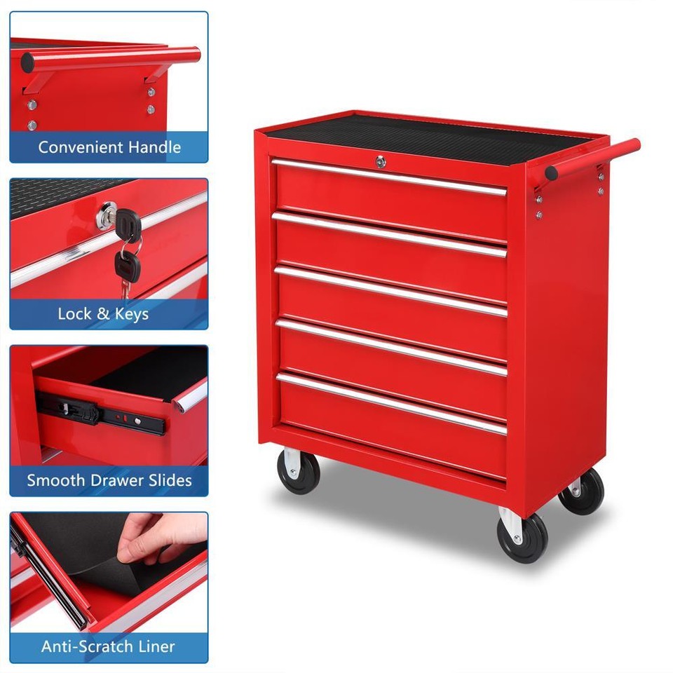 5-Drawer Rolling Tool Chest Box w/ Key&Lock Storage Cabinet Organizer ...