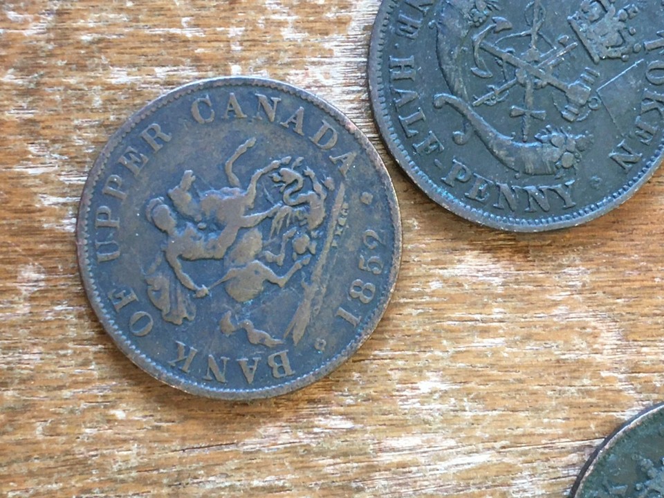 11 Canada antique trade tokens: 1842, 1852, 1857 one penny tokens, 1837 ...