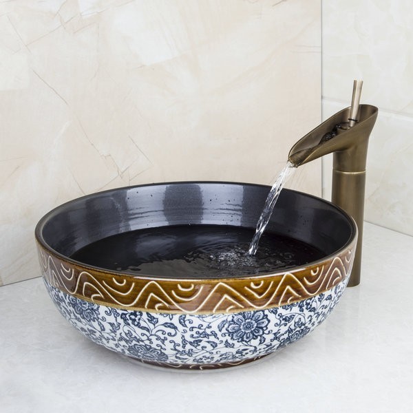 Ceramic Basin Bowl Round Bathroom Vessel Sink Basin +Waterfall Faucet ...