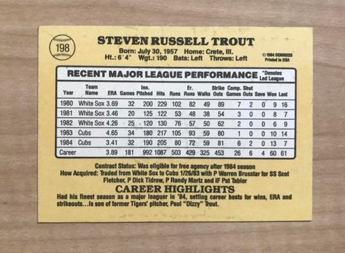 STEVE TROUT CHICAGO CUBS SIGNED AUTOGRAPHED 1985 DONRUSS CARD #198 W ...
