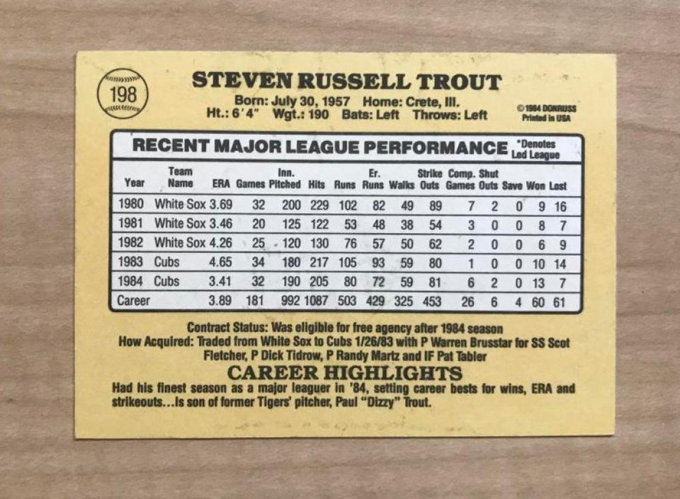 STEVE TROUT CHICAGO CUBS SIGNED AUTOGRAPHED 1985 DONRUSS CARD #198 W ...