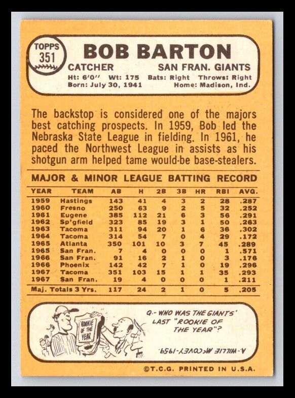 1968 Topps #351 Bob Barton VG or Better | eBay