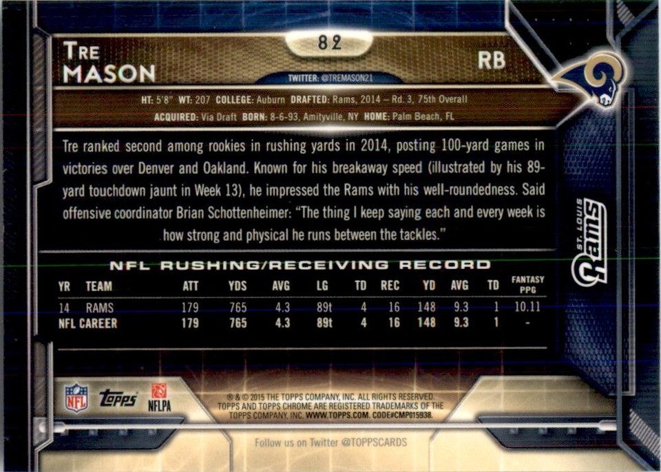 2015 Topps Chrome Tre Mason St. Louis Rams #82 NFL Football Card | eBay