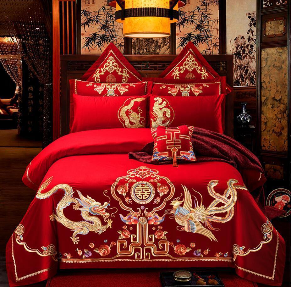 Luxury Red Chinese Style Wedding Embroidery Duvet Cover Bed Sheet ...