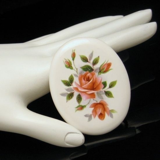 JOHNSON ENGLAND Vintage Brooch Pin Ceramic Roses Large Oval Statement ...