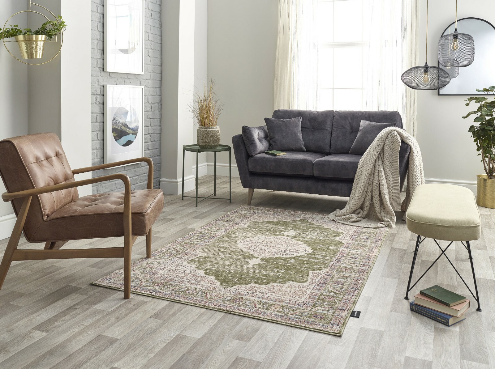 Light GREEN Vintage Faded Traditional Medallion Distressed Silk Like ...