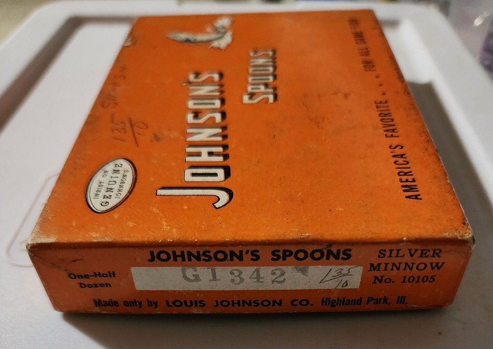 Johnson's Gold Fishing Lure Spoons New In Boxes Silver Minnows Rare ...