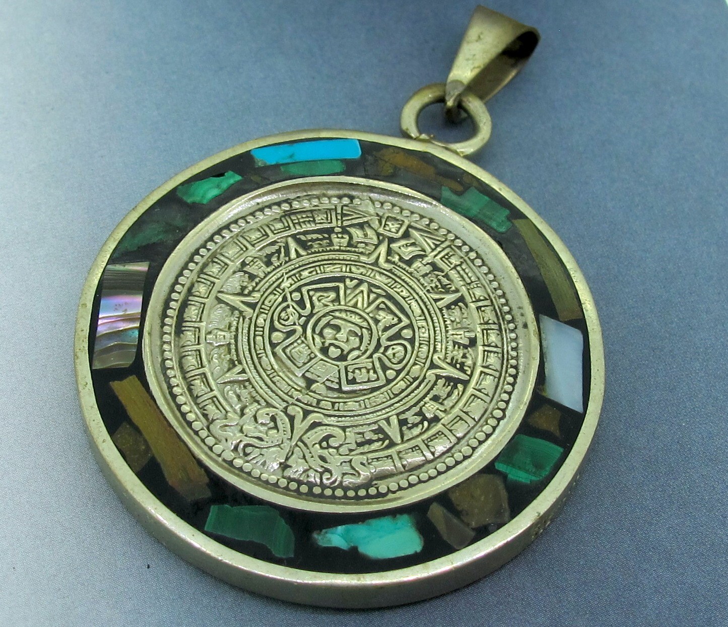 Mexican Aztec Calendar Pendent With Multi-Colored Gem… - Gem