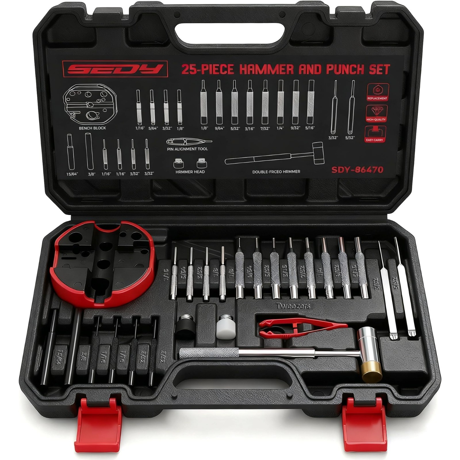 25-Piece Pin Punch Hammer Set with Bench Block & Replaceable Face ...