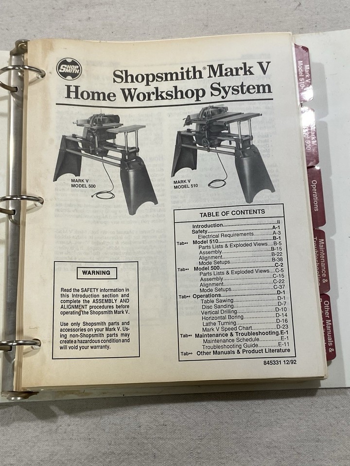 Shopsmith Mark V 500/510 Owner's Manual Instruction 1993 edition - Very ...