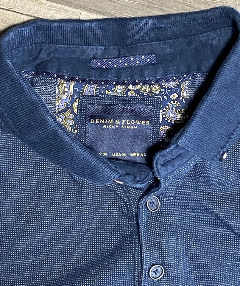 Navy Polo Shirt Denim and Flower Button Collar Pocket Trim Floral Men's ...