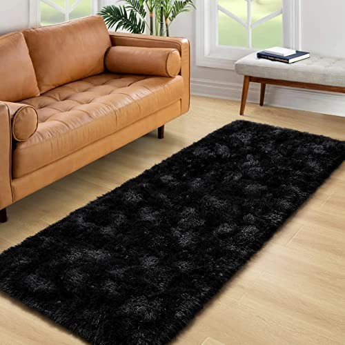 Small Bedroom Runner Rug 2x8, Black Fluffy Bedside Rugs for Kids Room ...
