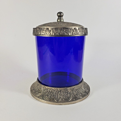Antique Silver Metal with Raised Design Lid Top & Bottom Vintage Cobalt ...