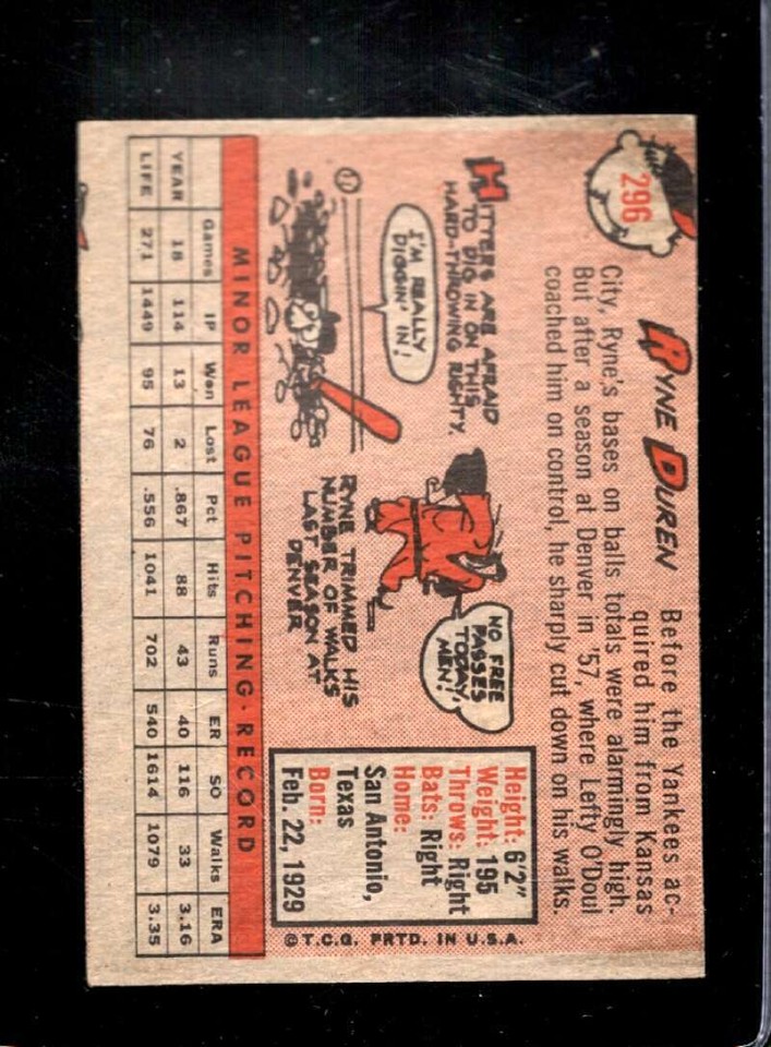 1958 TOPPS #296 RYNE DUREN VGEX (RC) YANKEES (MC) *NY9189 | eBay
