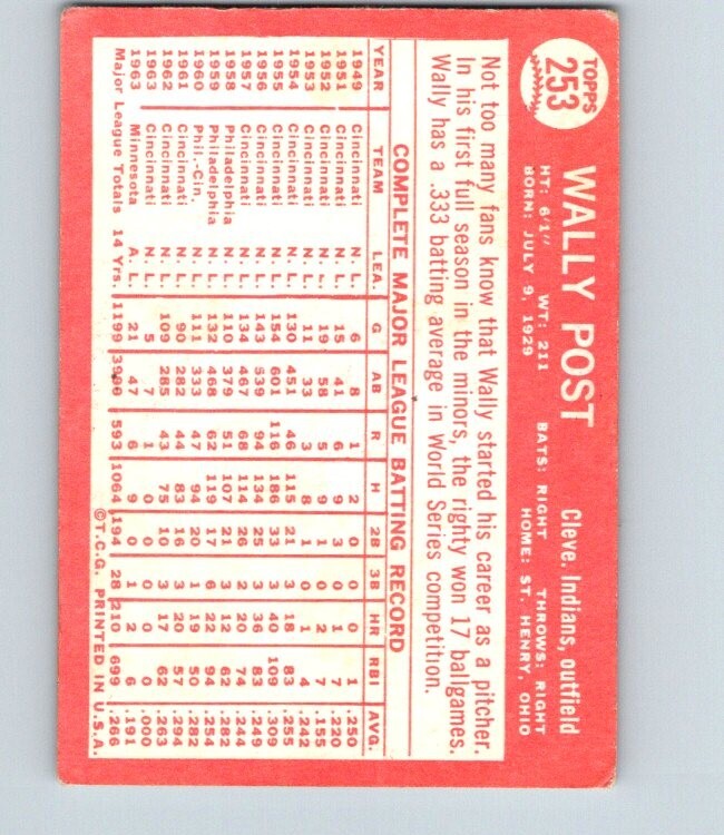 1964 TOPPS BASEBALL #253 WALLY POST MID GRADE JH | eBay