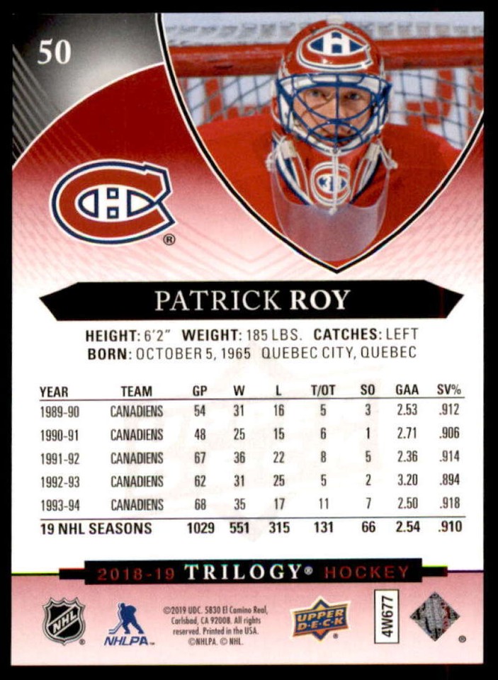 Patrick Roy Rookie Card Card 2018-19 Upper Deck Trilogy Red #50 | eBay