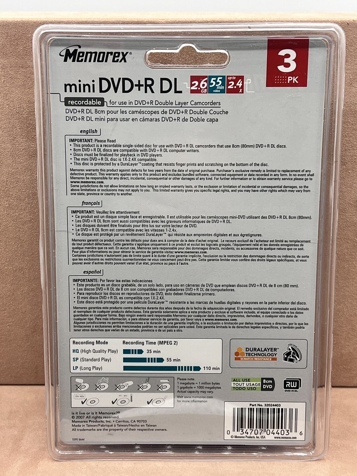 Memorex Mini DVD + R DL 2.6 GB 55 mins camcorder video single sided 8 ...