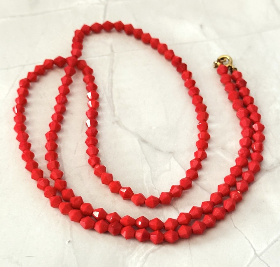 Mid Century Red Faceted Czech Glass Bicone Bead Necklace 28in Spring ...