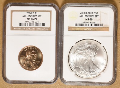 2000 Millennium Set Certified by NGC Silver Eagle MS69 & Sacagawea ...