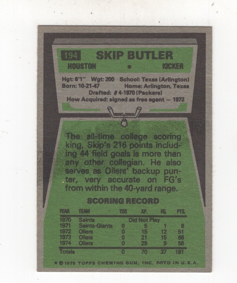 1975 TOPPS FOOTBALL SKIP BUTLER HOUSTON OILERS #194 | eBay
